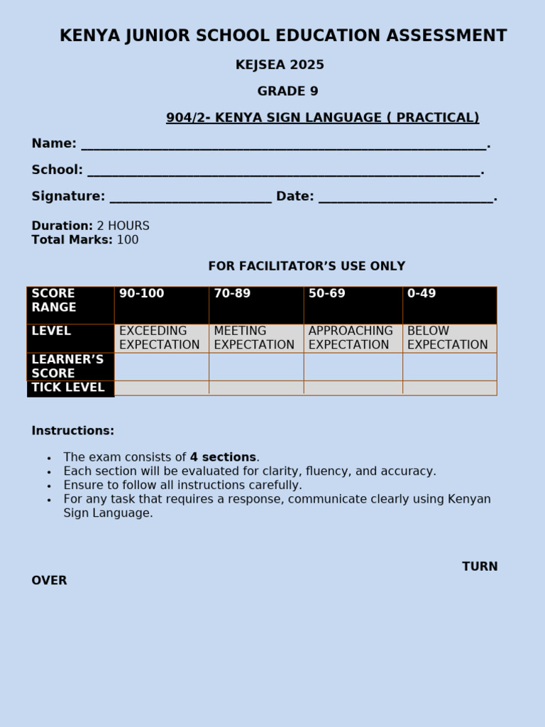 Grade 9 Kenya Sign Language Paper 2 Practical | PDF | Fluency ...