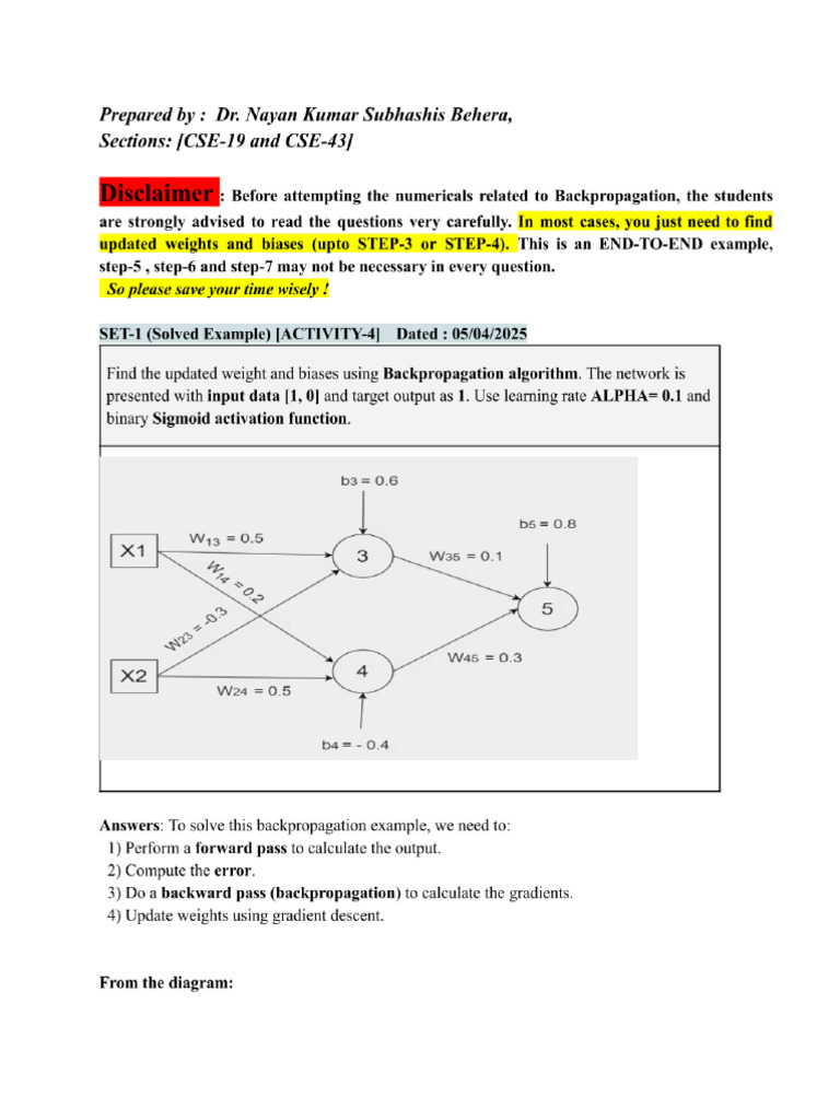 Backpropagation (Numericals) SOLVED NEW | PDF