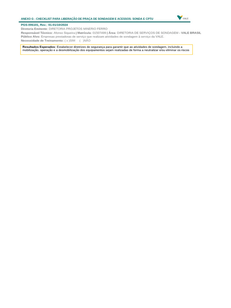 PGS-006101 - 01 - PGS 006101 - 01 - Anexo G - Checklist para Liberação ...