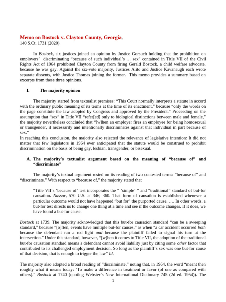 Bostock v. Clayton County (Memo) | PDF | Civil Rights Act Of 1964 ...