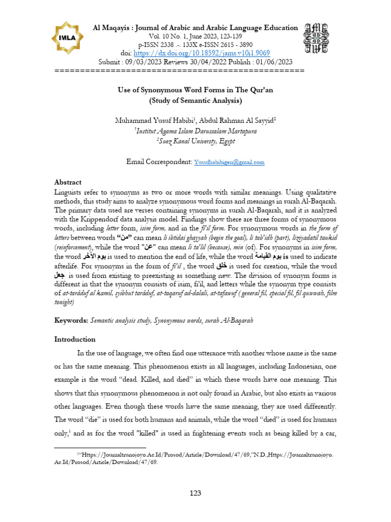 Use of Synonyms in the Quran Semantic Analysis St | PDF | Quran | Islam