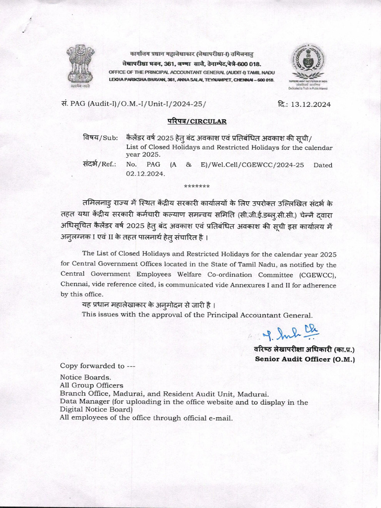 List of Closed Holidays and Restricted Holidays For The Calendar Year ...