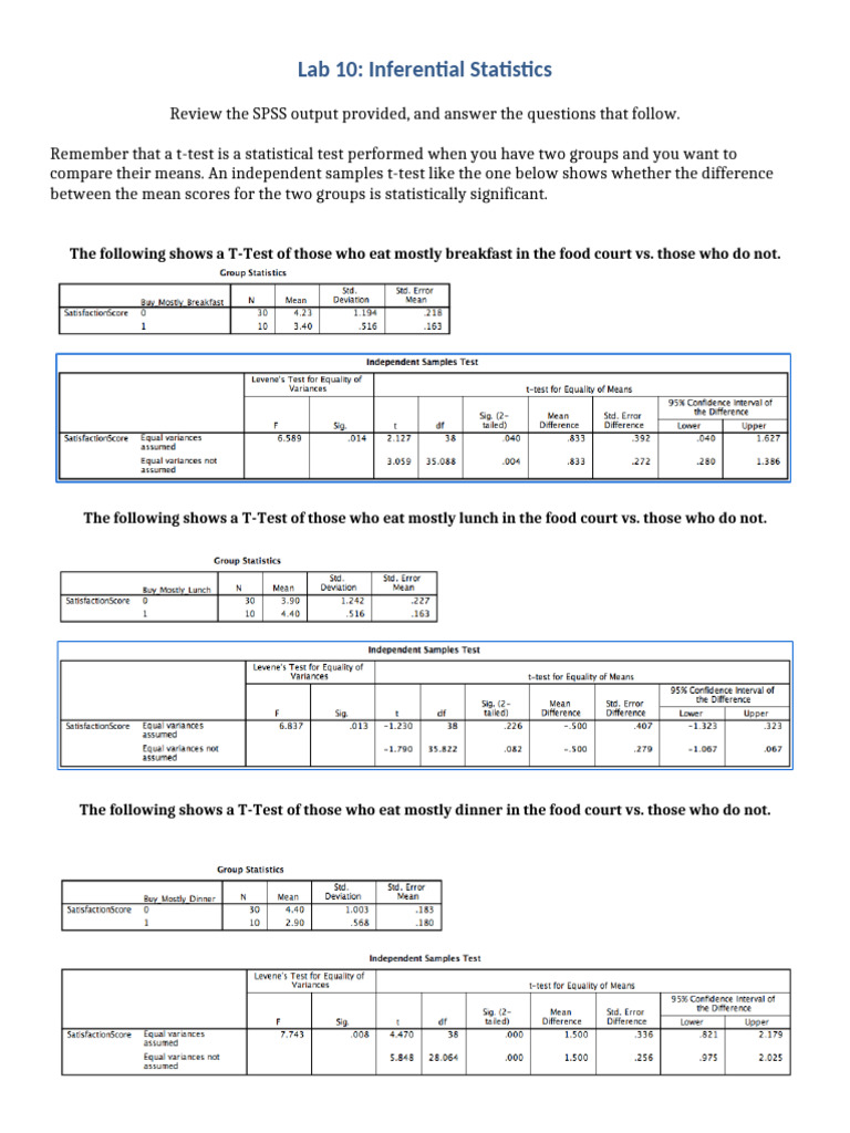 Lab 10 - Inferential Statistics Interpreting T-Tests in SPSS | PDF ...