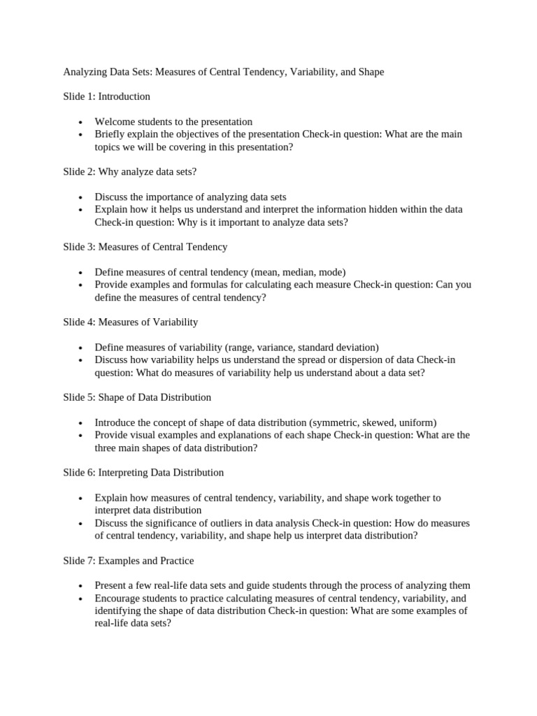 Analyzing Data Sets Measures of Central Tendency, Variability, and ...