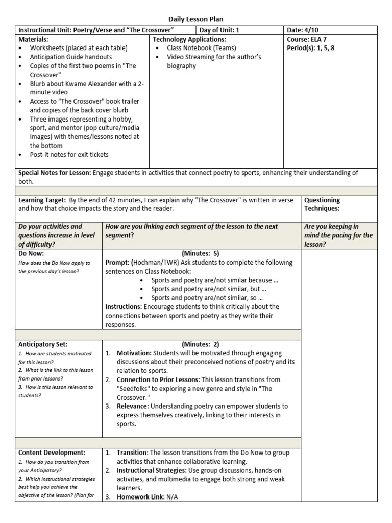 PREREADING Lesson Plan For The Crossover | PDF | Lesson Plan | Poetry