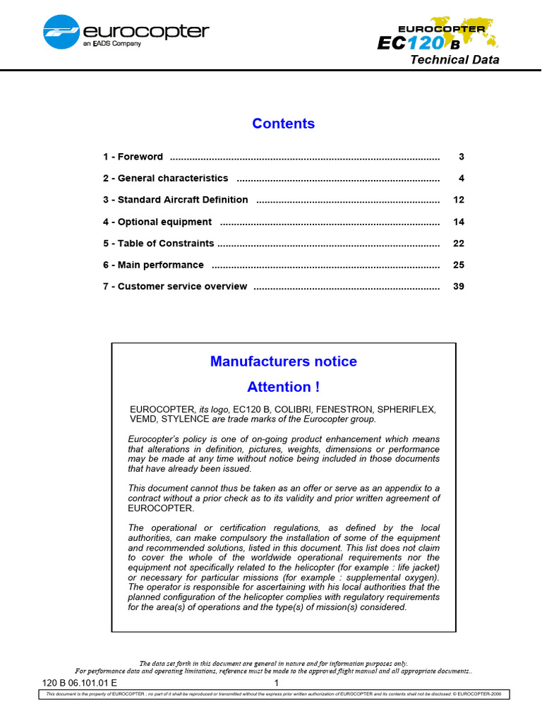 Technical Data: Eurocopter EC120 B Colibri Fenestron Spheriflex Vemd ...