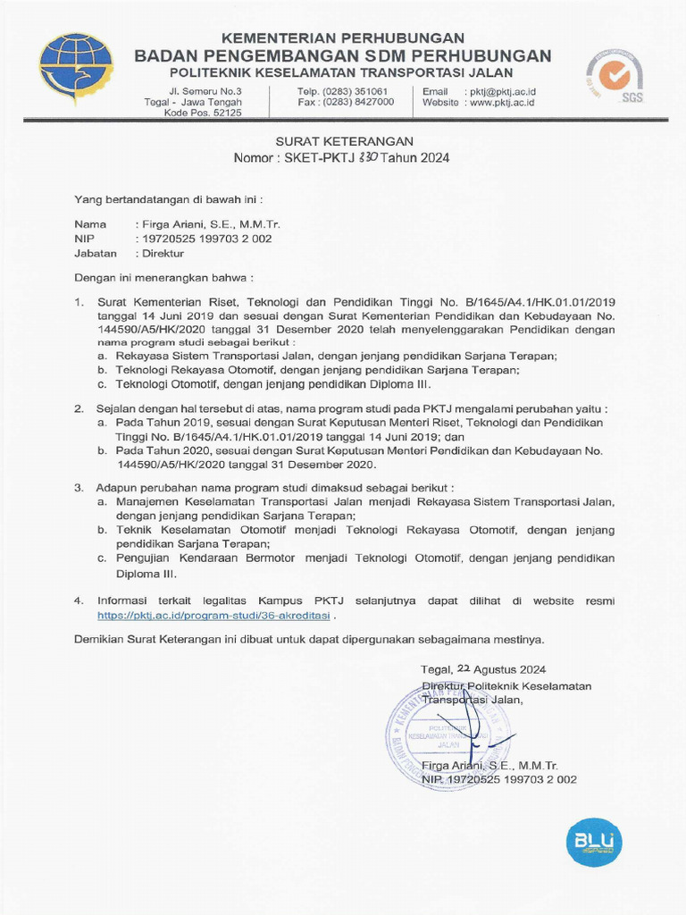 Pi7 - Tool - Surat Keterangan Perubahan Nama Prodi 2024 - 0001 | PDF