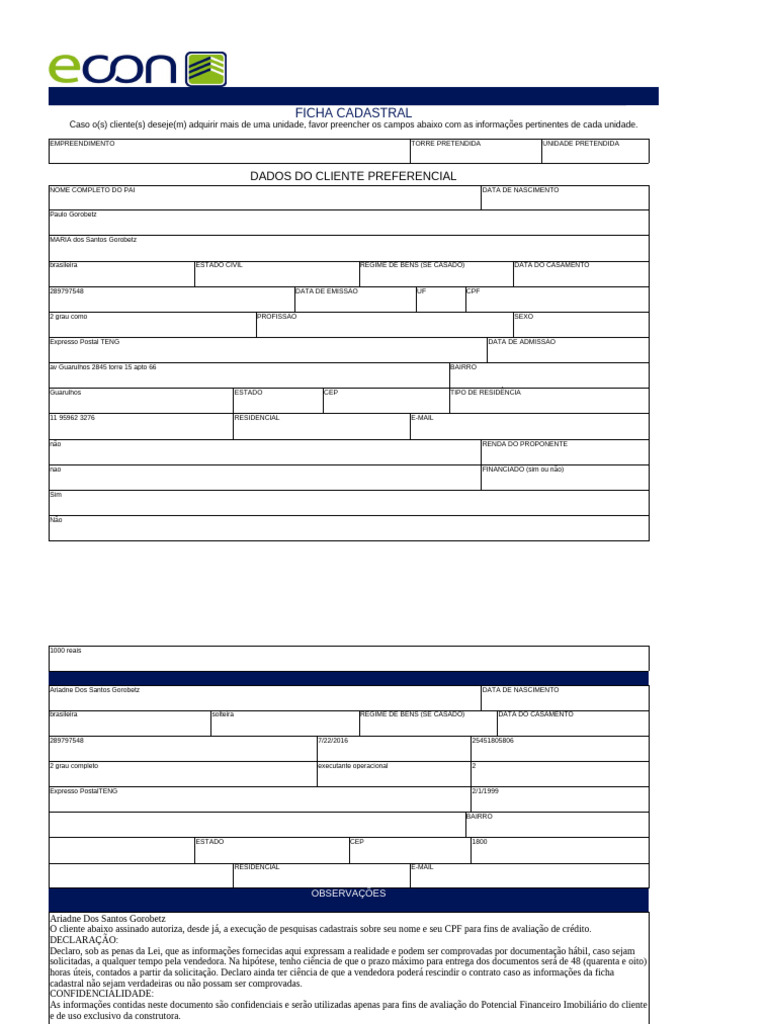 Ficha Cadastral Econ Editavel-1 | PDF