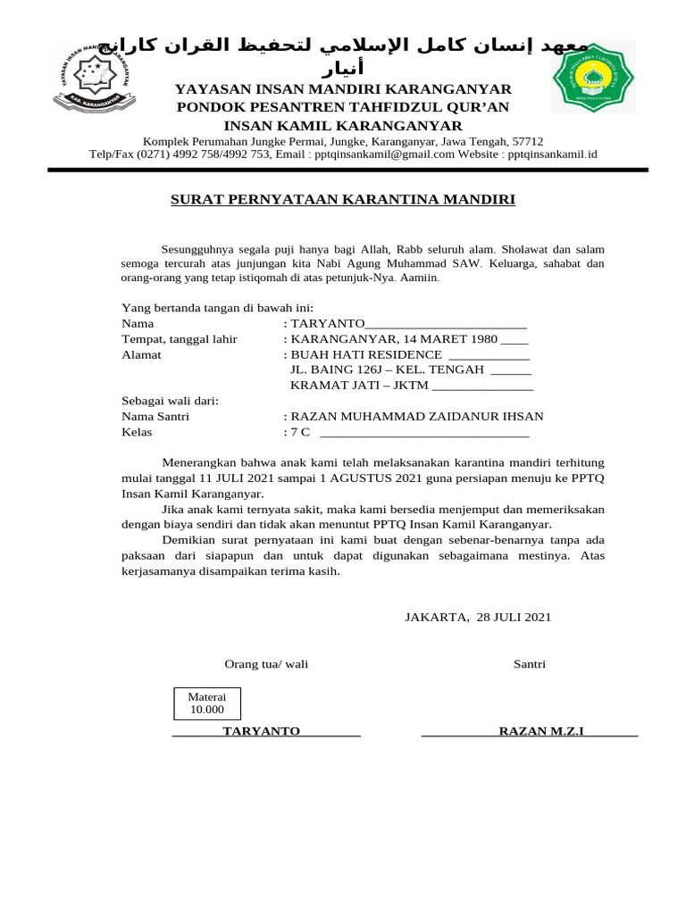 Surat Pernyataan Karantina Mandiri | PDF