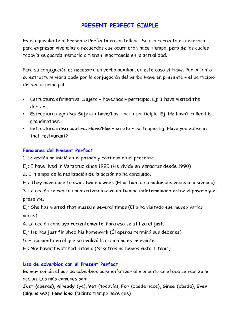 Present Perfect | PDF | Verbo | Relaciones sintácticas