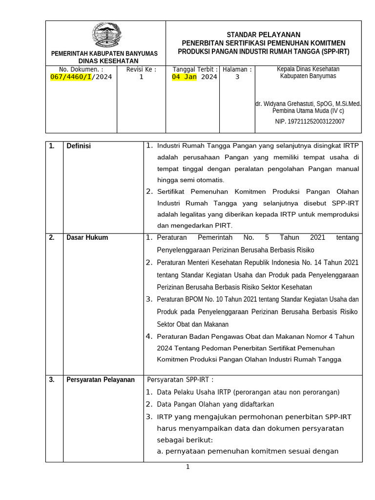 Standar Pelayanan Penerbitan SPP-IRT 2024 | PDF