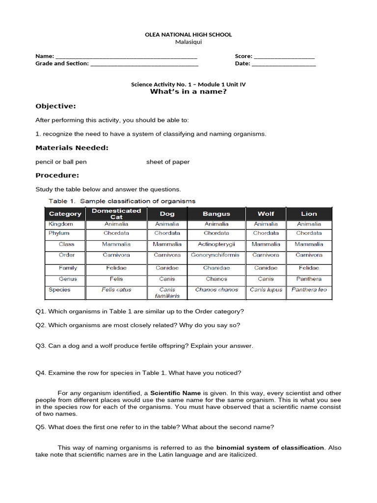 Science Activity: Organism Classification | PDF