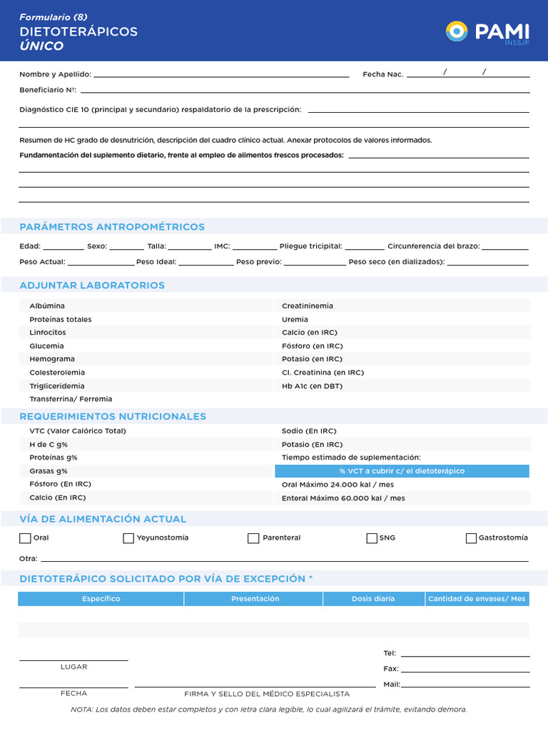 Formulario - Dietoterápico PAMI | PDF | Nutrición | Dieta y nutrición