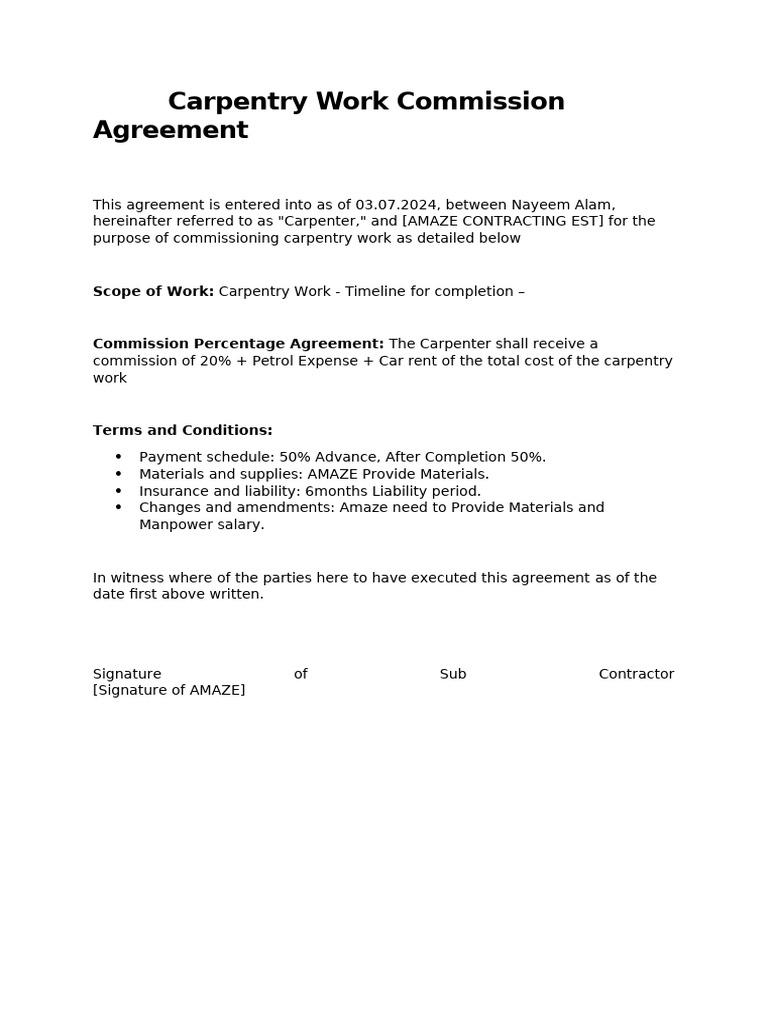 Carpentry Work Commission Agreement | PDF
