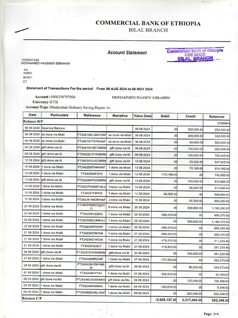 Commercial Bank of Ethiopia Bank Statement | PDF