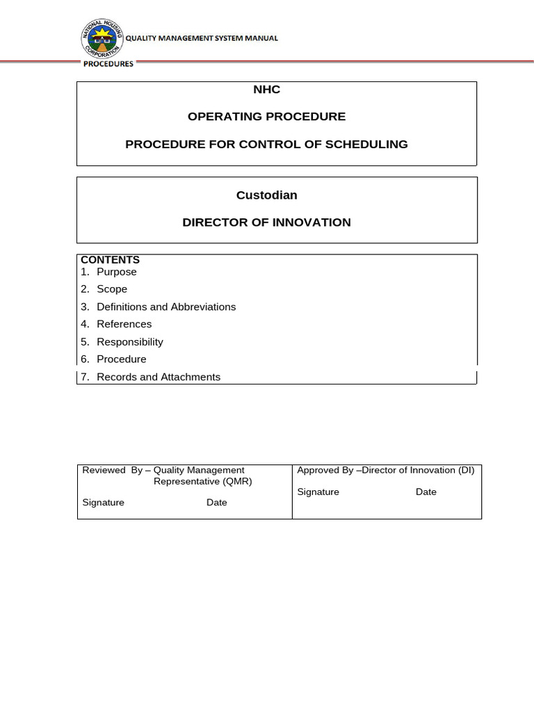 Procedure For Control of Scheduling | PDF | Quality Management