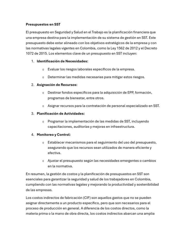 Presupuestos en SST | PDF | Presupuesto | Seguridad y salud ocupacional