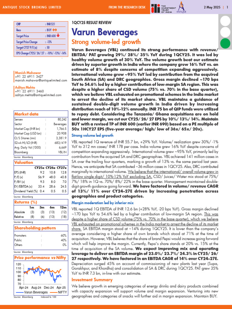Varun Beverages - 20250502 - Antique | PDF | Investment Banking | Investing