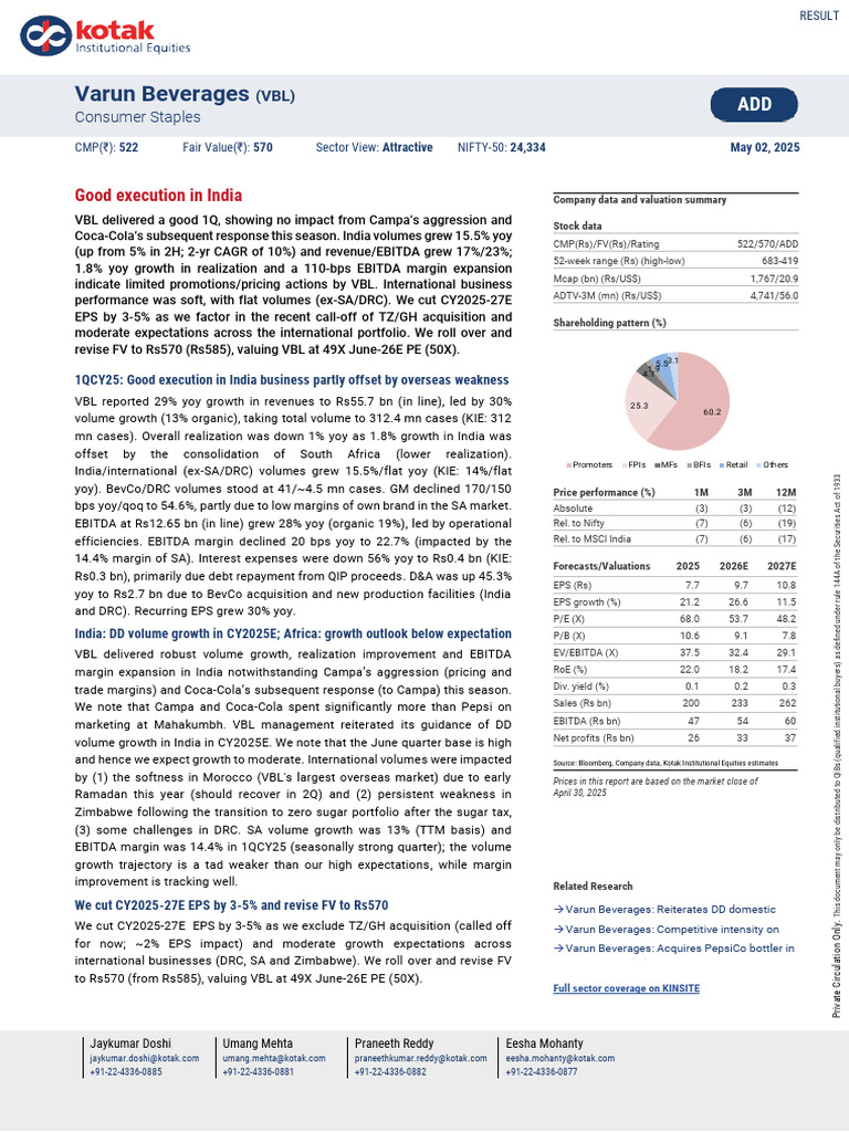 Varun Beverages - 20250502 - Kotak | PDF | Equity (Finance) | Business