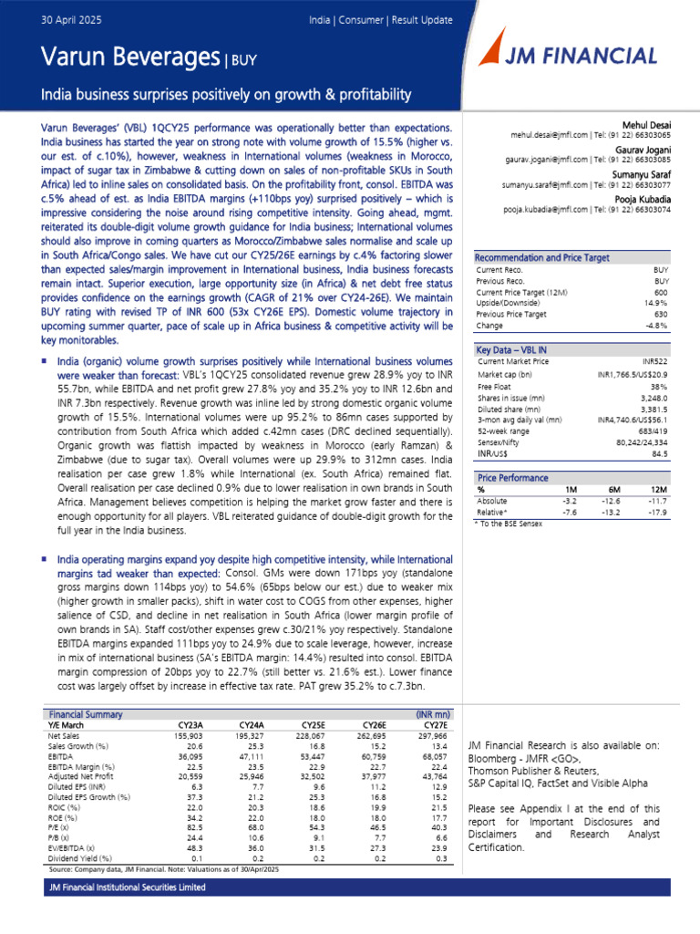 Varun Beverages 1QCY25 Performance Review | PDF | Securities (Finance ...