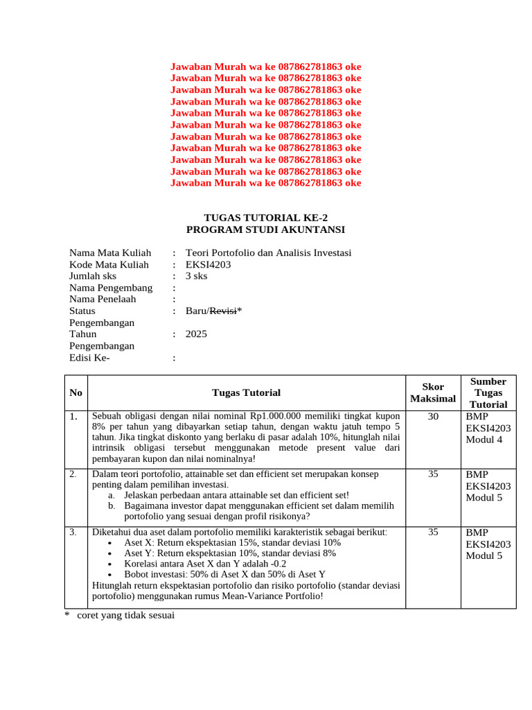 Tugas 2 Teori Portofolio Dan Analisis Investasi - EKSI4203 | PDF