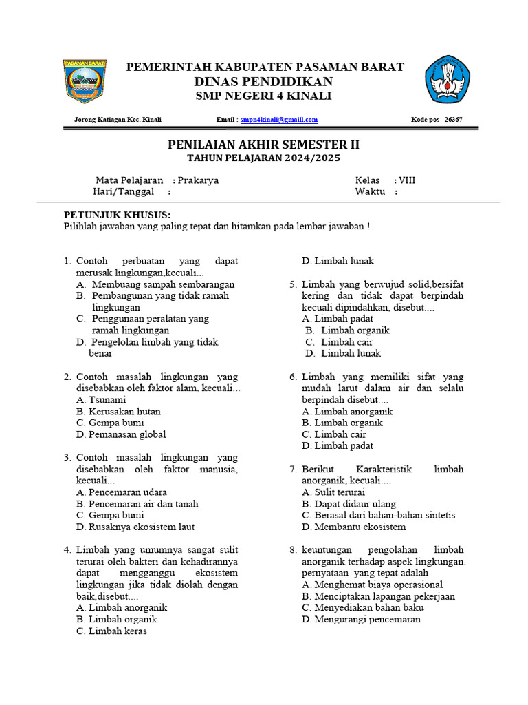 soal prakarya kelas VIII Semester genap | PDF