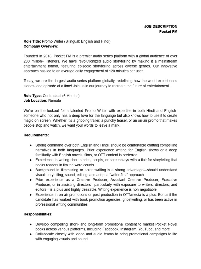 Job Description - Promo Writer | PDF | Storytelling | Human Communication