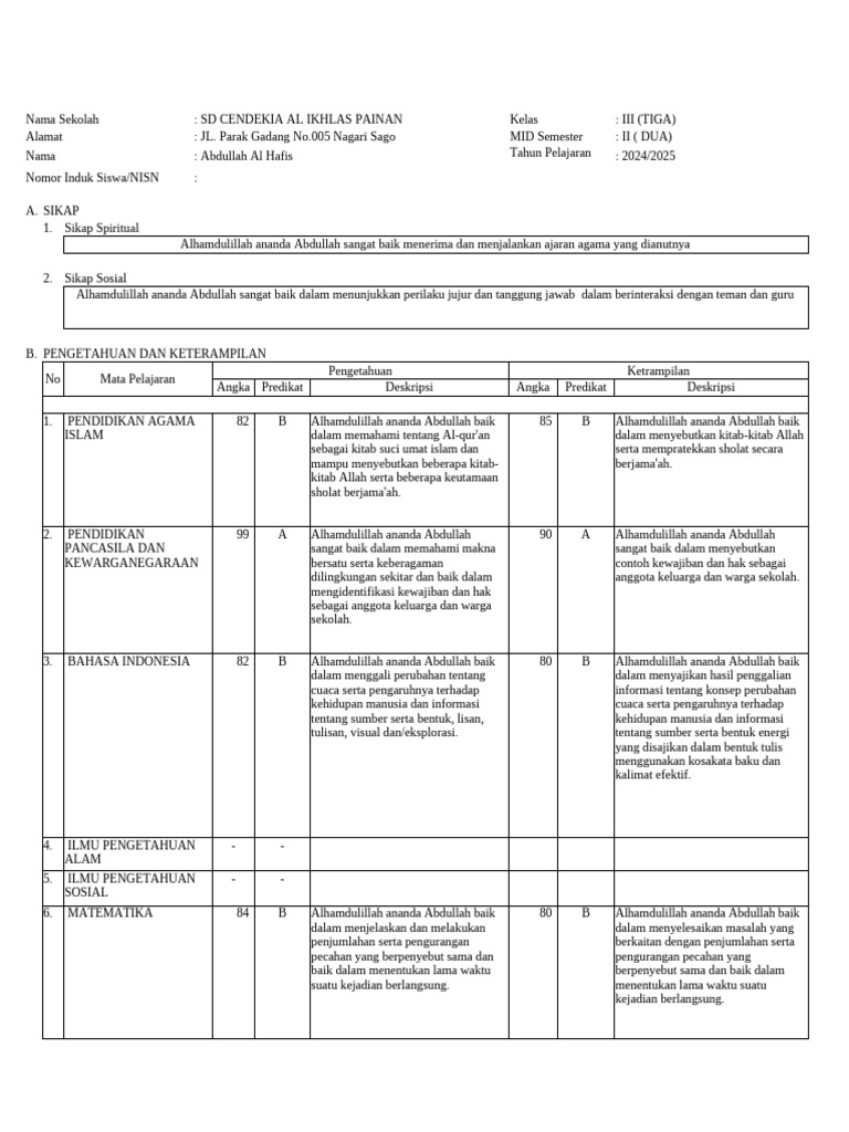 Rapor Mid Kelas 3 | PDF