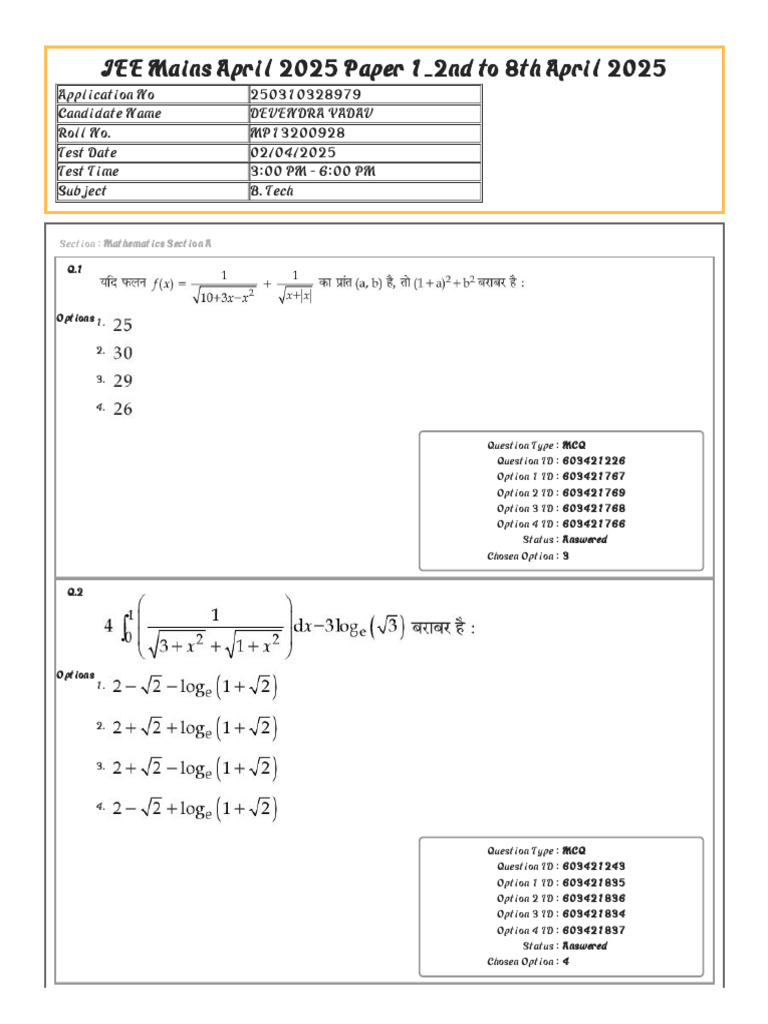 JEE Mains Question Paper With Answer | PDF | Multiple Choice ...