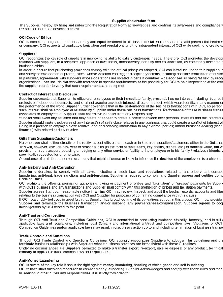 Supplier Declaration Form | PDF | Information Security | Bribery