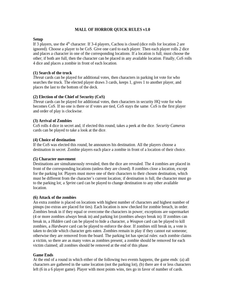 Mall of Horror Quick Rules Guide | PDF | Tabletop Games | Board Games