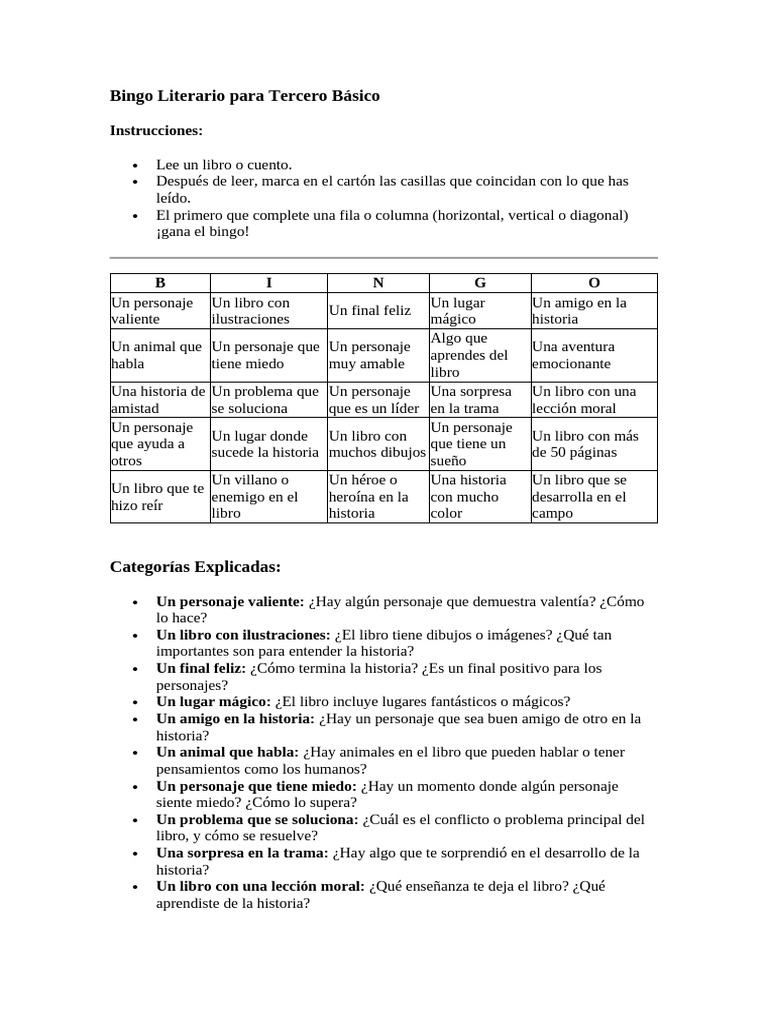 Bingo Literario para Tercero Básico | PDF