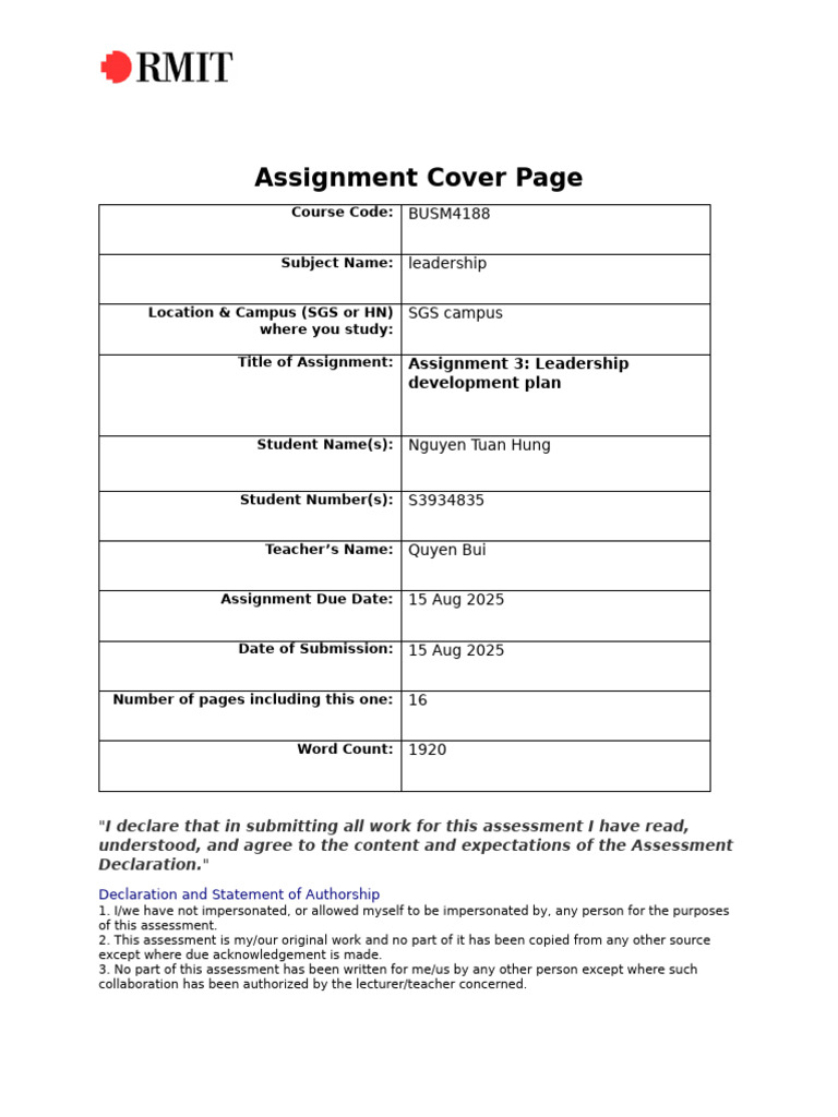 LEADERSHIP-ASM3-Nguyen Tuan Hung - S3934835 | PDF | Leadership | Plagiarism