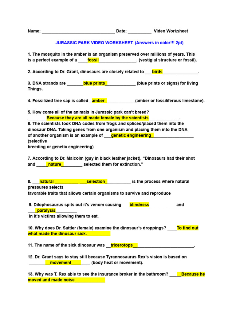 Jurassic Park Video Worksheet | PDF | Dinosaurs | Evolutionary Biology