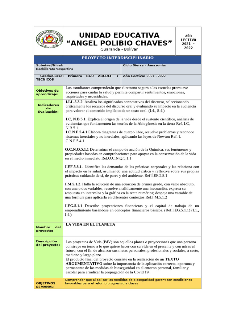 Proyecto 1 Interdiciplinario Primero Bgu Abcdef y Tecnicos 2021-2022 | PDF | Fuerza | Masa