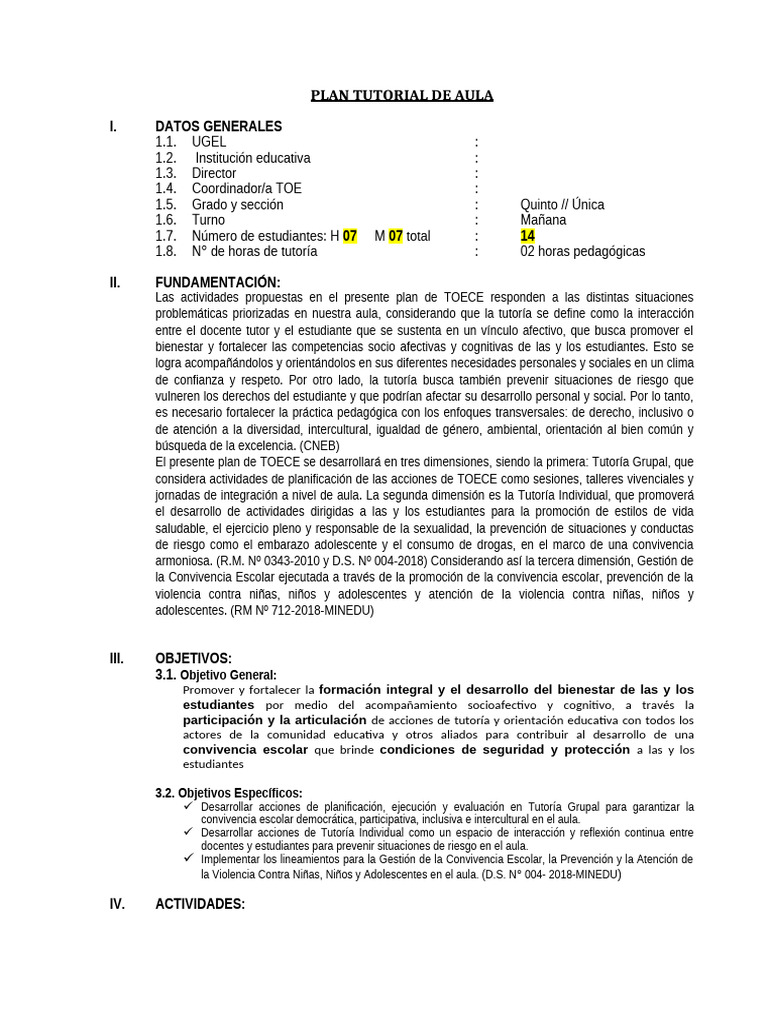 Plan Tutorial de Aula 2025 Modelo | PDF | Salón de clases | Desarrollo personal