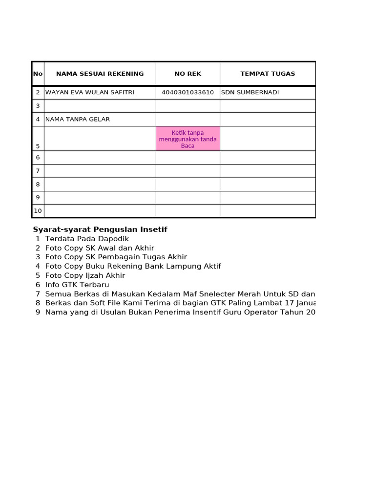 Blanko (1) SDN Sumbernadi Pengajuan Isentif | PDF