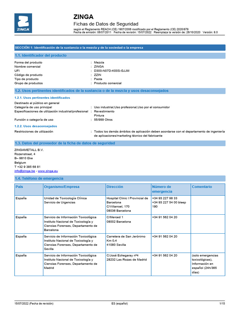 Ficha Seguridad ZINGA ESP Ver 8 2022.07.15 | PDF | Agua | Toxicología