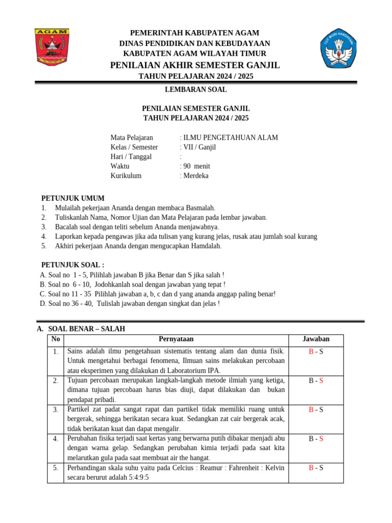 Sas Ipa Kelas Vii Tp. 2024-2025 | PDF