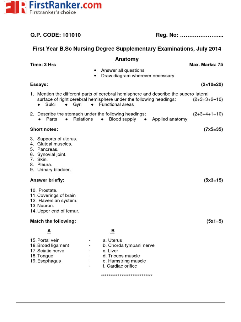 Q.P. CODE: 101010 Reg. No: ... First Year B.SC Nursing Degree Supplementary Examinations, July ...