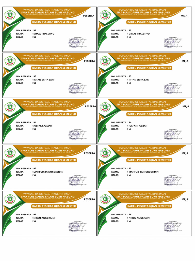 Kartu Ujian Sma Kelas 11 f4 | PDF
