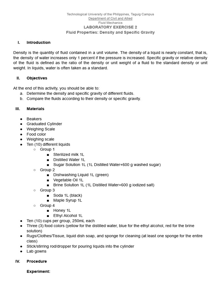 Fluid Density and Specific Gravity Lab | PDF | Weighing Scale | Density