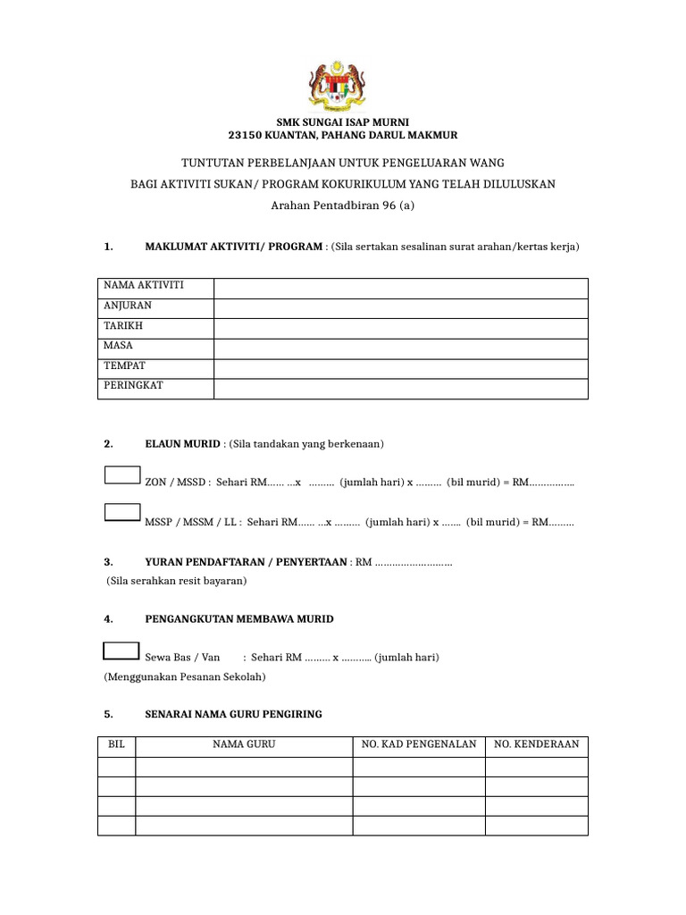 Borang Tuntutan Aktiviti Kokurikulum | PDF