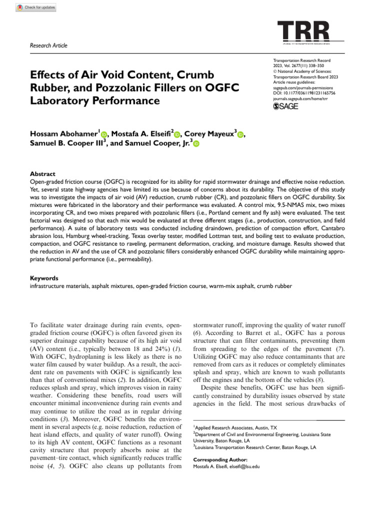 Abohamer Et Al 2023 Effects of Air Void Content Crumb Rubber and Pozzolanic Fillers On Ogfc ...