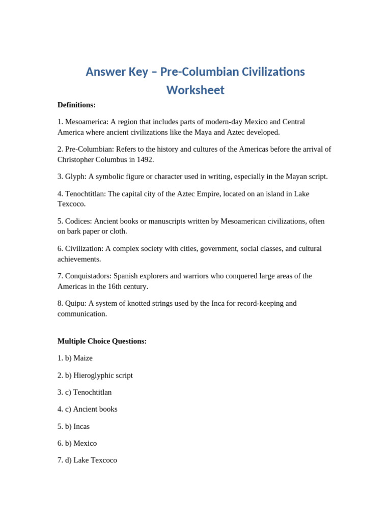 Pre-Columbian Civilizations Answer Key | PDF | Pre Columbian Era | Maya ...