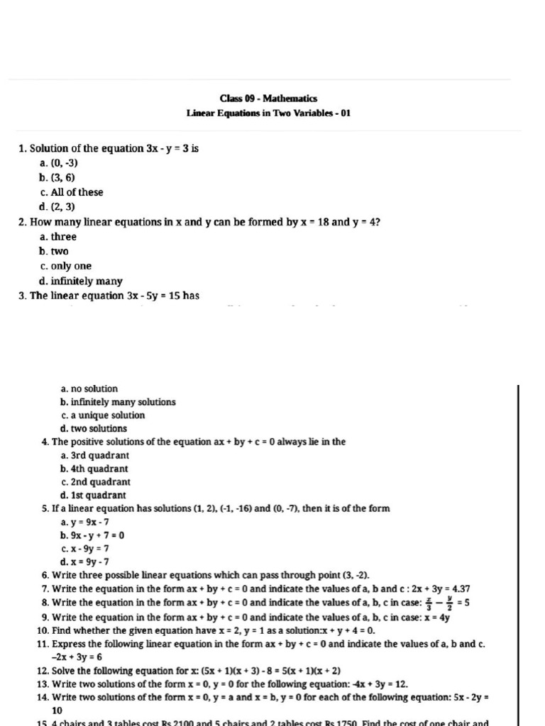 Class 9 (Linear Equation in Two Variables) Worksheet | PDF