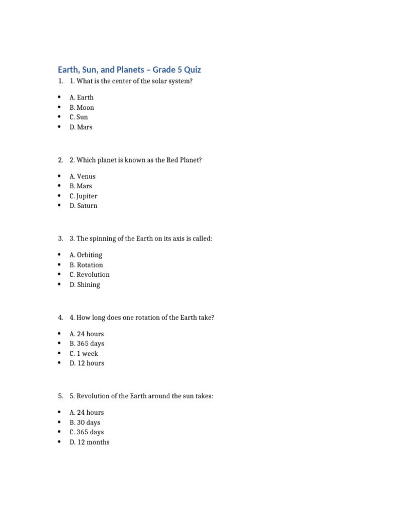 Earth Sun Planets Quiz Grade5 | PDF