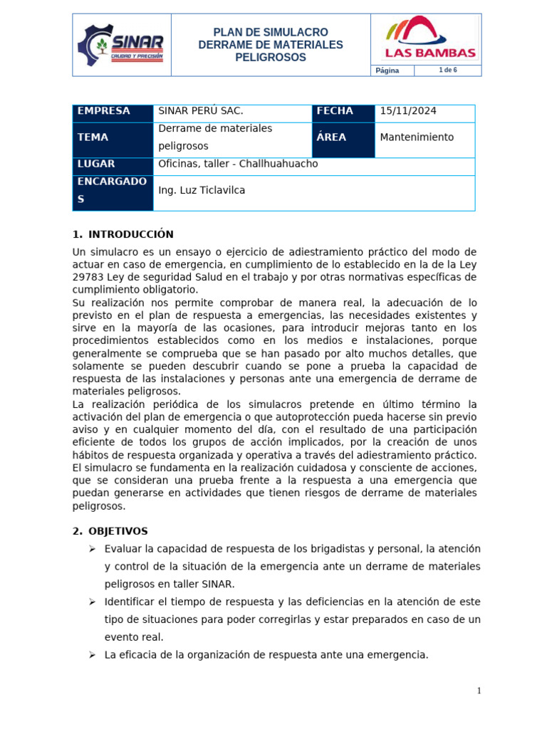 Plan de Simulacro Derrame de Materiales Peligrosos | PDF