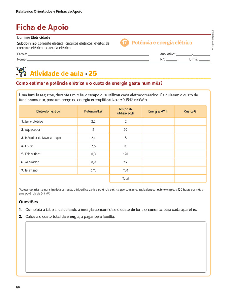 Exp9 Ficha Apoio Ativ Aula 25 | PDF | Potência (Física) | Fenômenos físicos