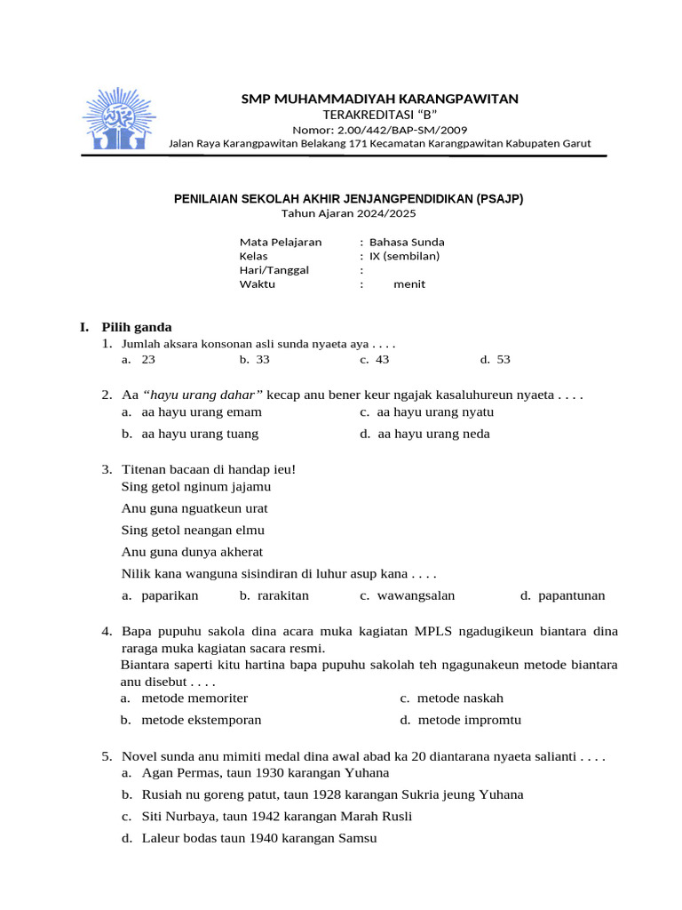 Soal PSAJ Bahasa Sunda Kelas IX SMPM 2024-2025 | PDF